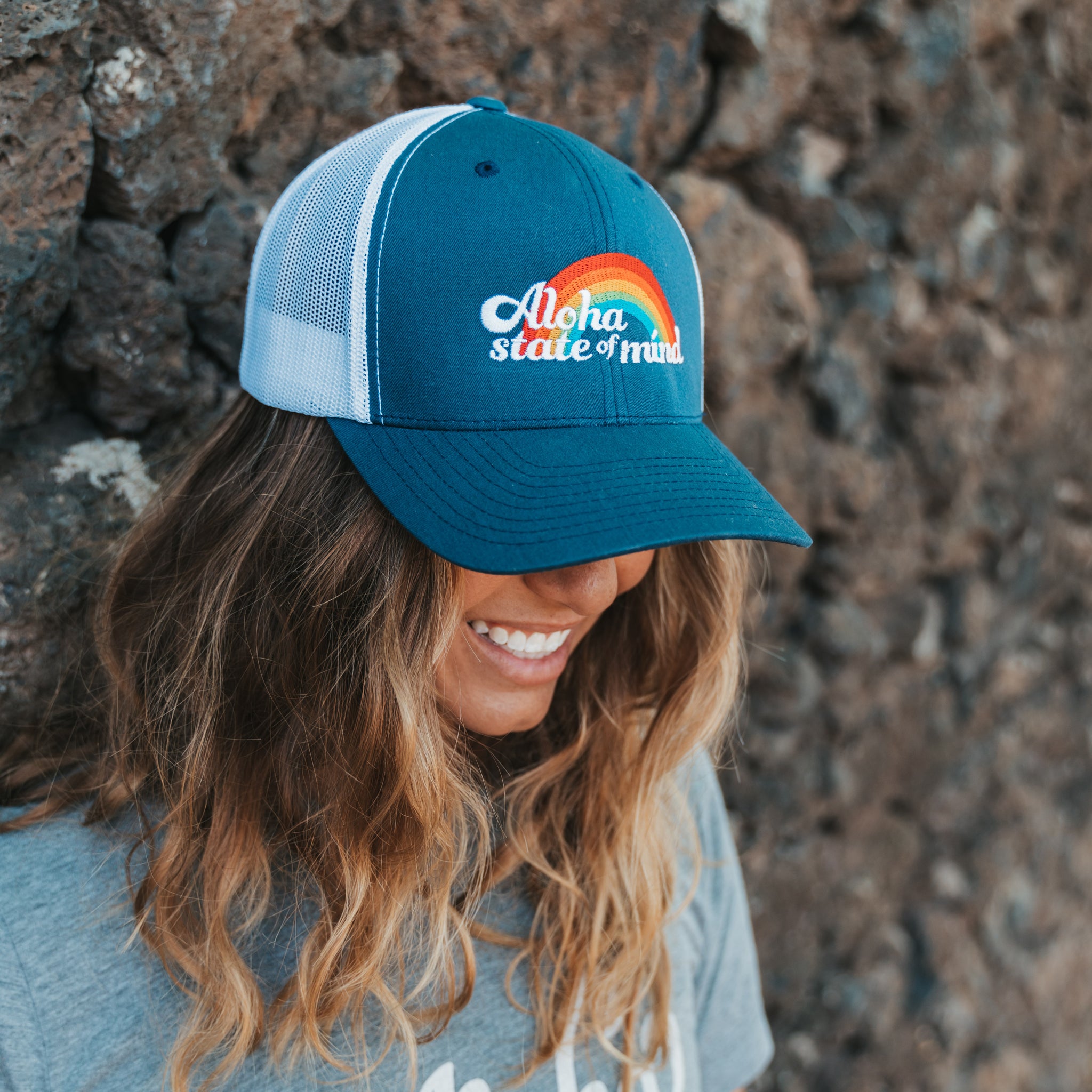 Aloha State of Mind Retro Trucker Hat in Navy - Aloha Lovely